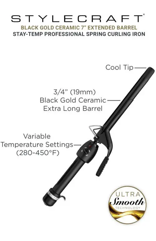STYLECRAFT Stay-temp Extra-long Barrel Ceramic Curling Iron - 0.75"